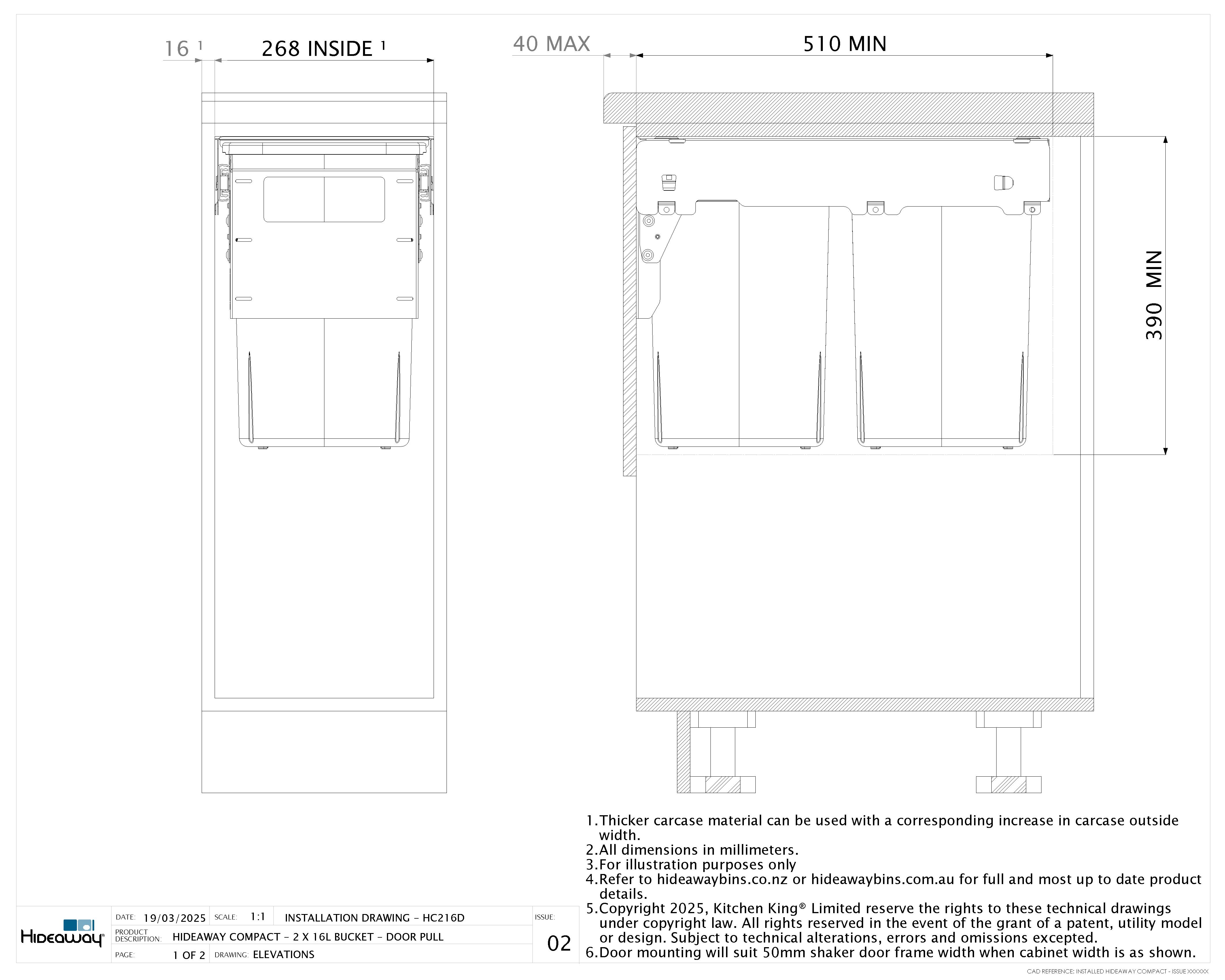 Drawings for Hideaway Compact 2 x 16L Buckets Door Pull — White by ...
