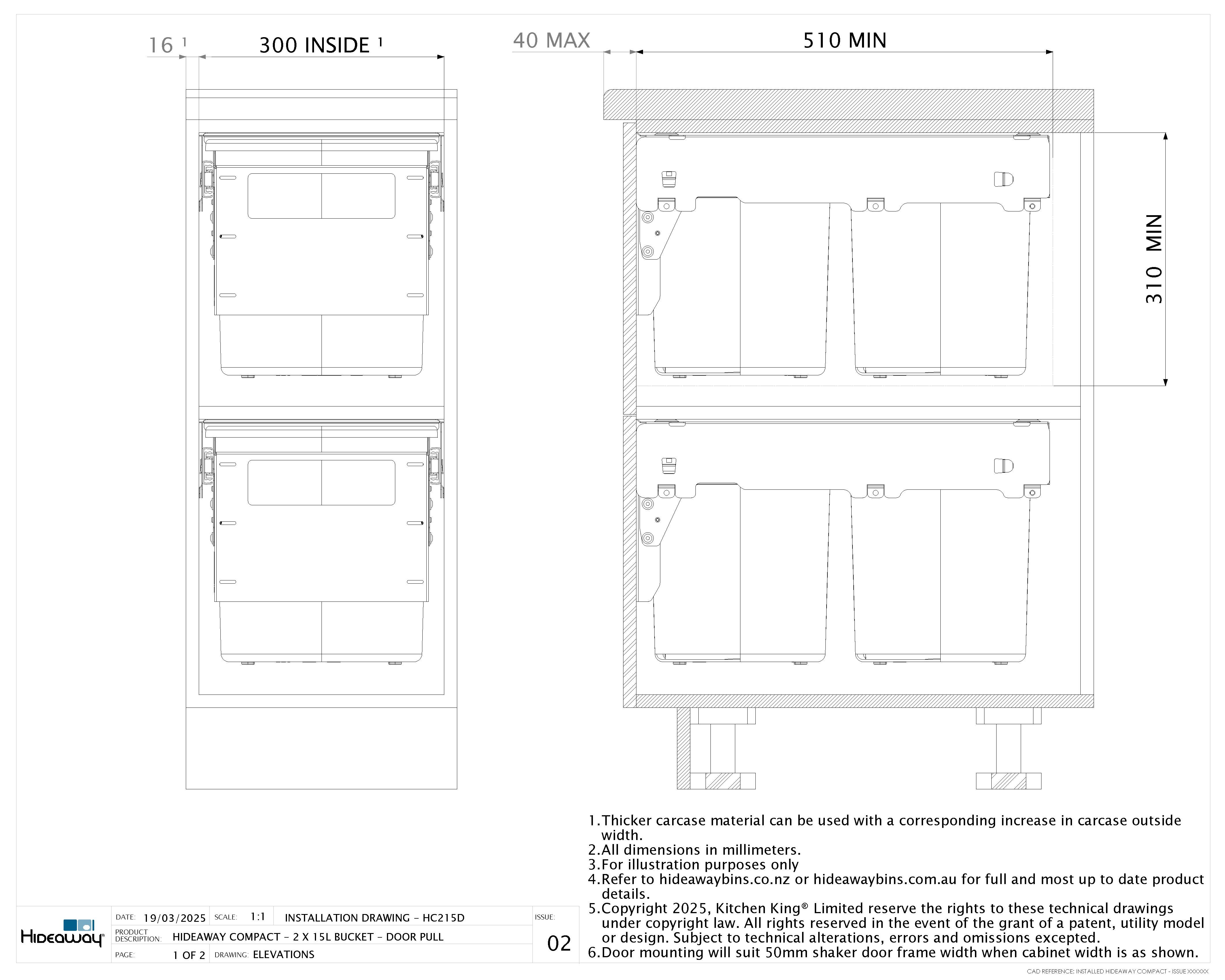 Drawings for Hideaway Compact 2 x 15L Handle Pull — White by Hideaway ...