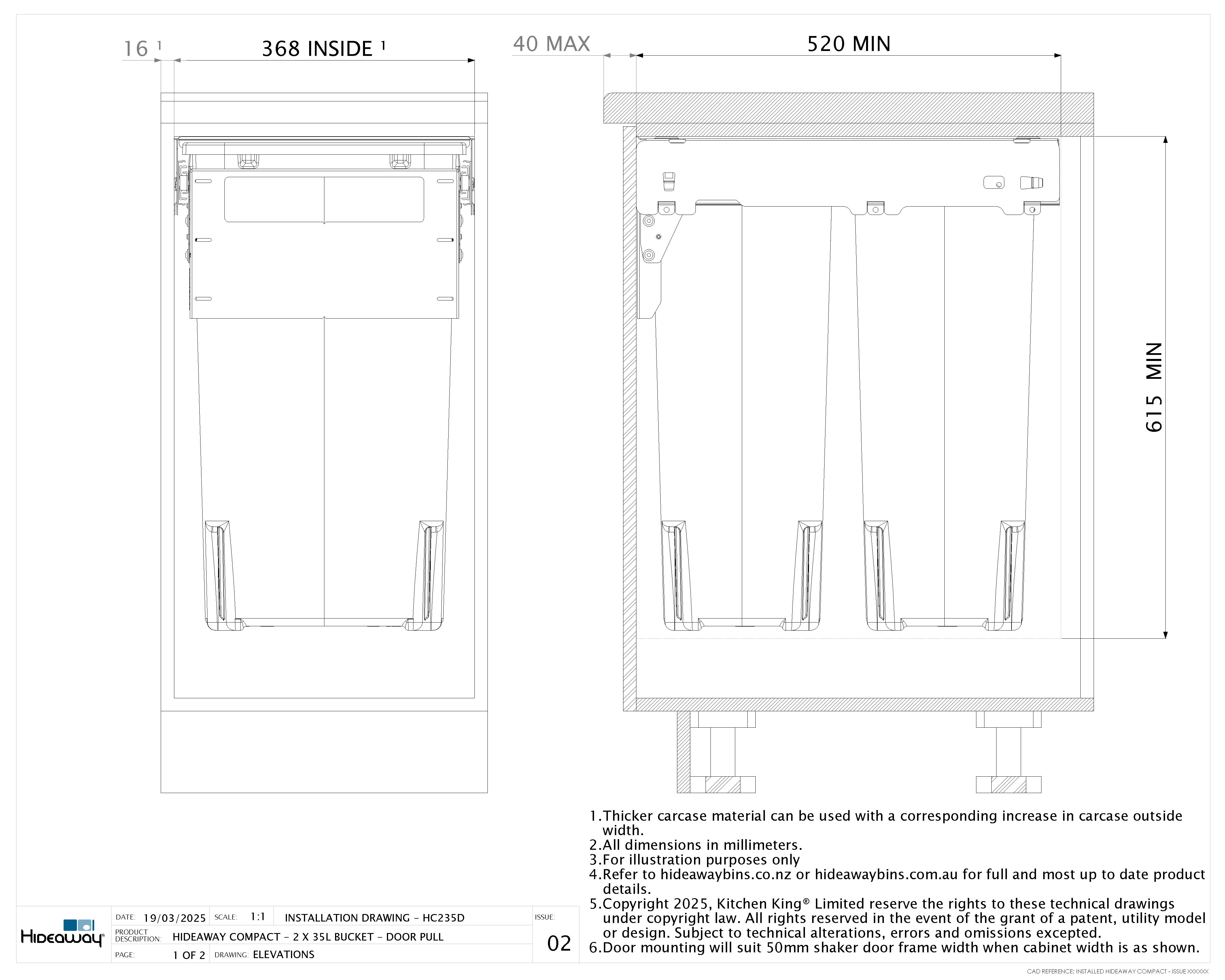 Drawings for Hideaway Compact 2 x 35L Bucket Door Pull — White by ...
