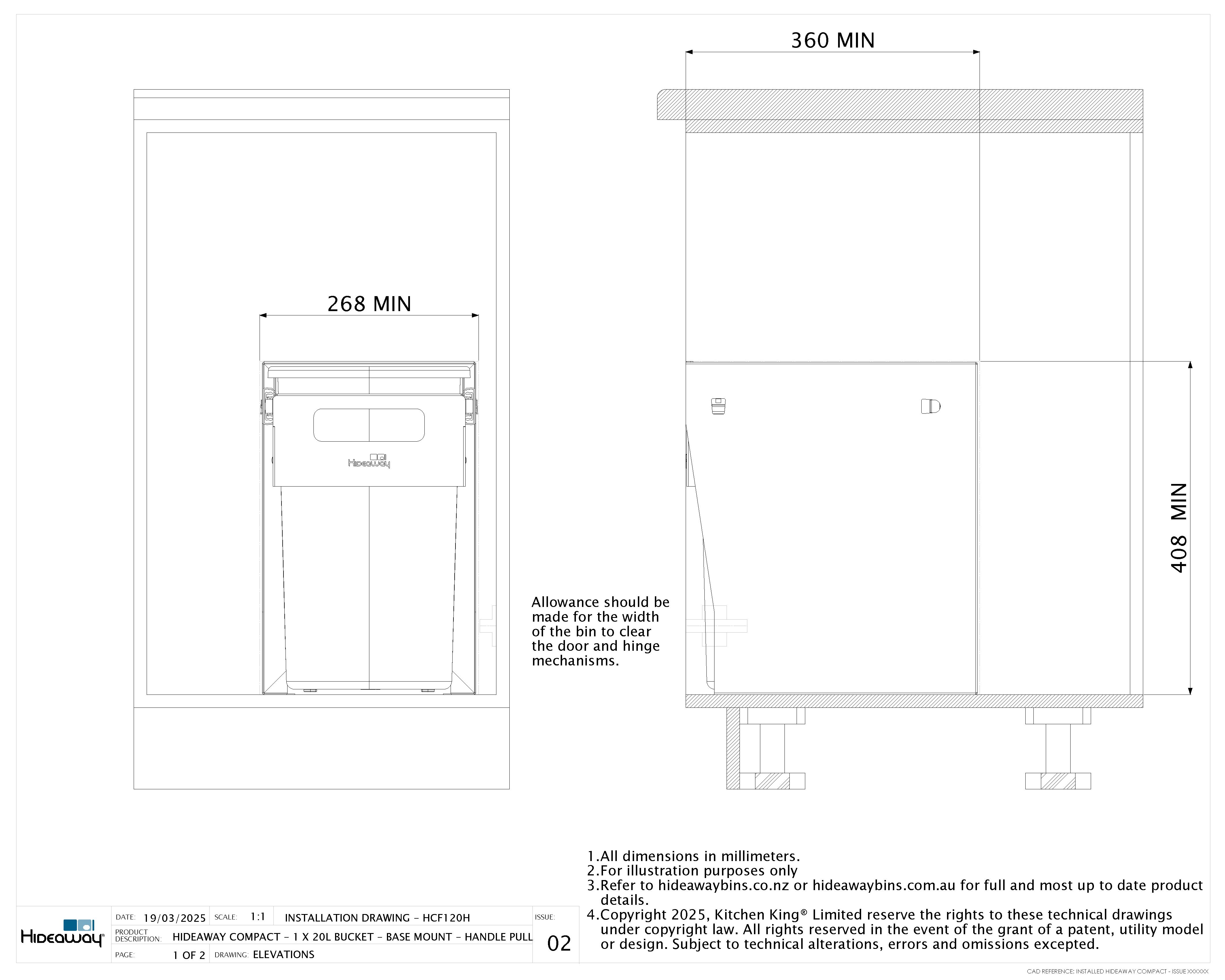 Drawings for Hideaway Compact 1 x 20L Floor Mounted Handle Pull ...