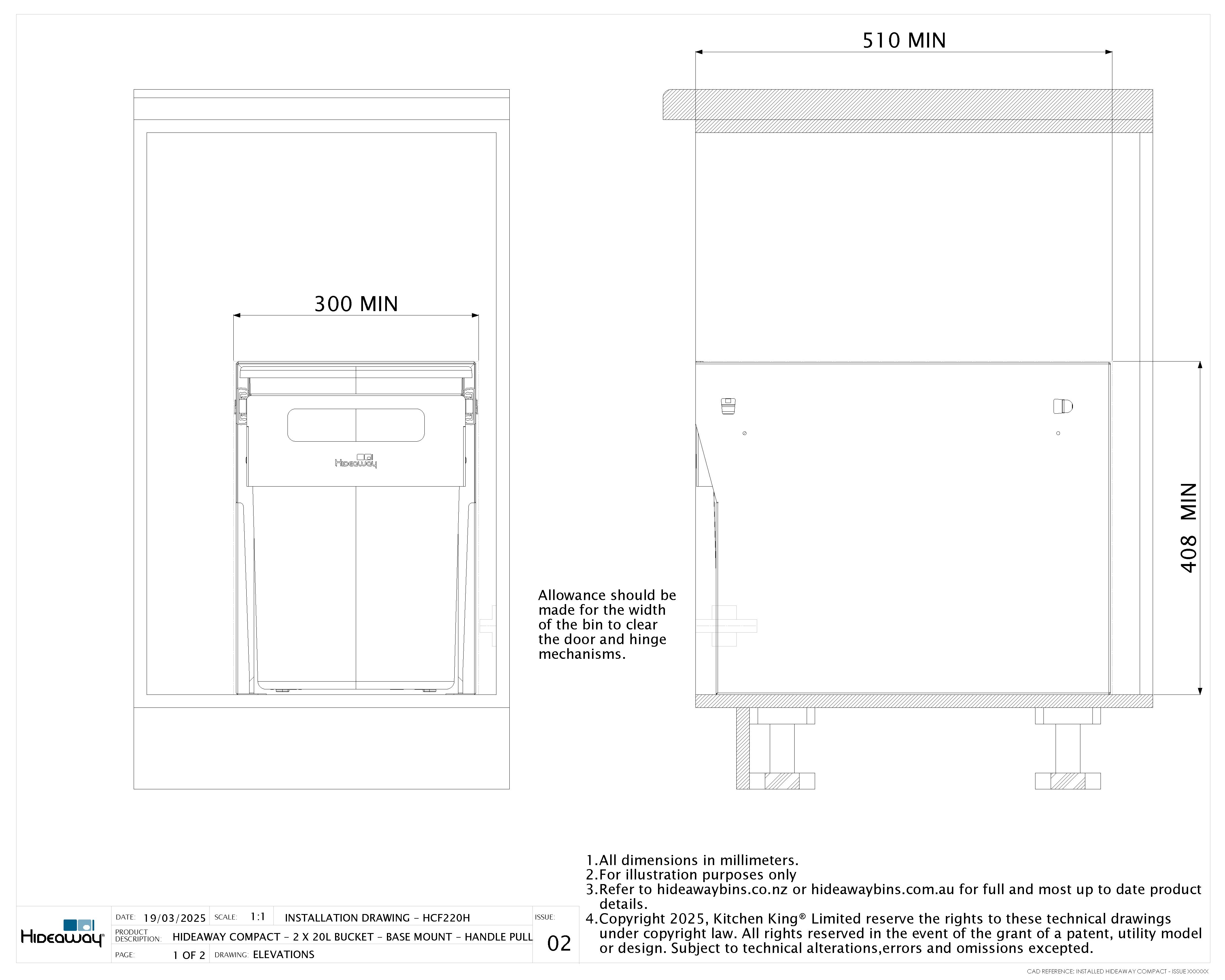 Drawings for Hideaway Compact 2 x 20L Floor Mounted Handle Pull ...