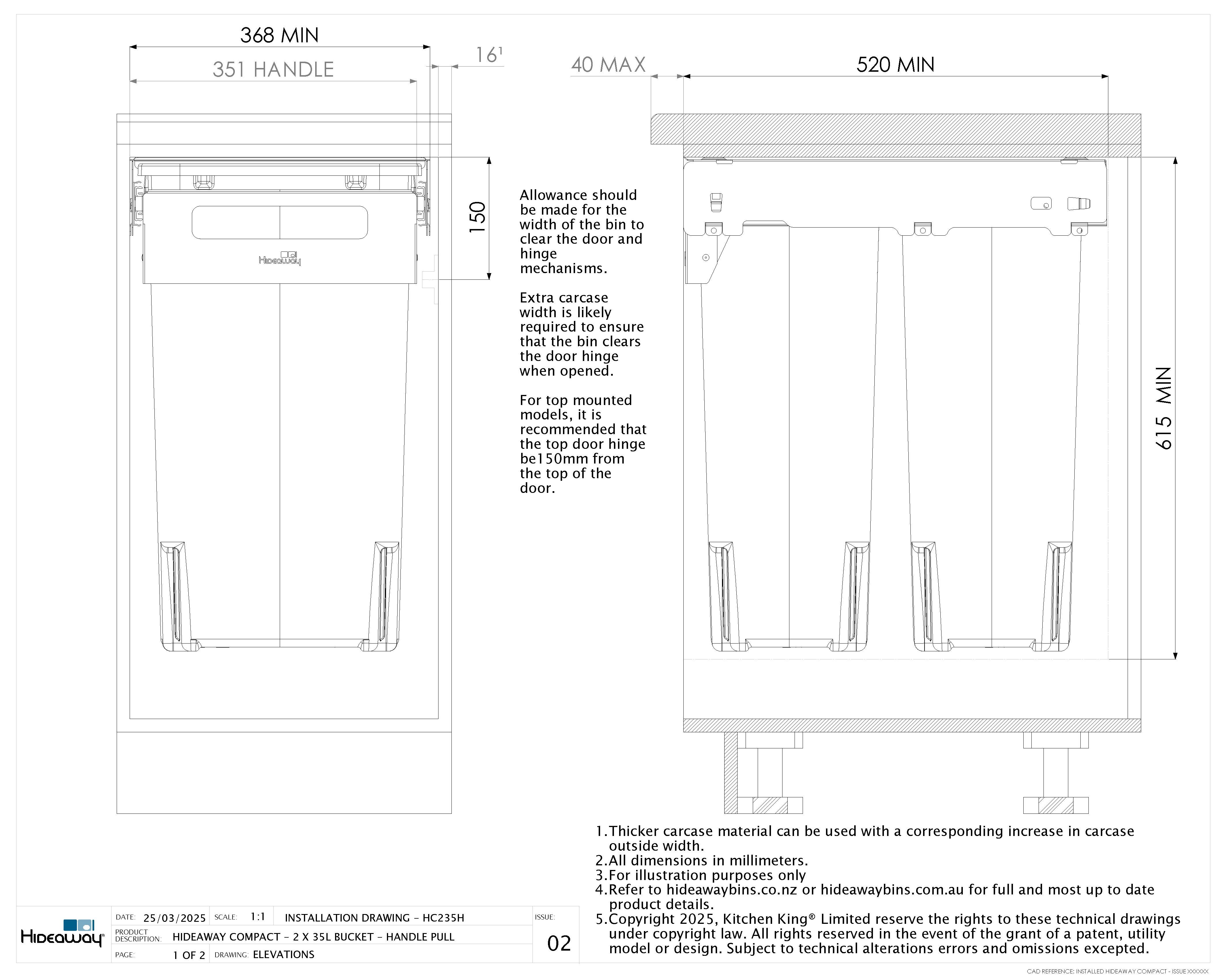 Hideaway Compact 2 x 35L Bucket Handle Pull — White by Hideaway Bins ...
